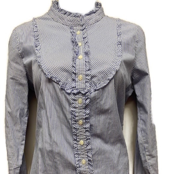 J. Crew | Tops | J Crew Button Down 6 Striped Blue White Ruffle | Poshmark